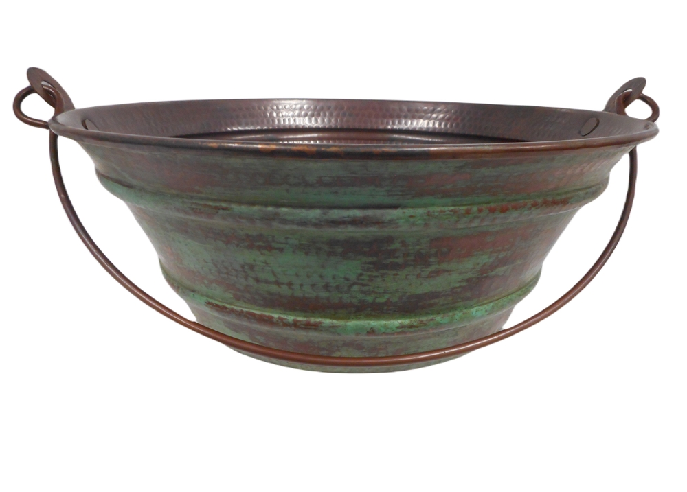 15" Round Copper Vessel Bucket Sink with Green Patina on Exterior