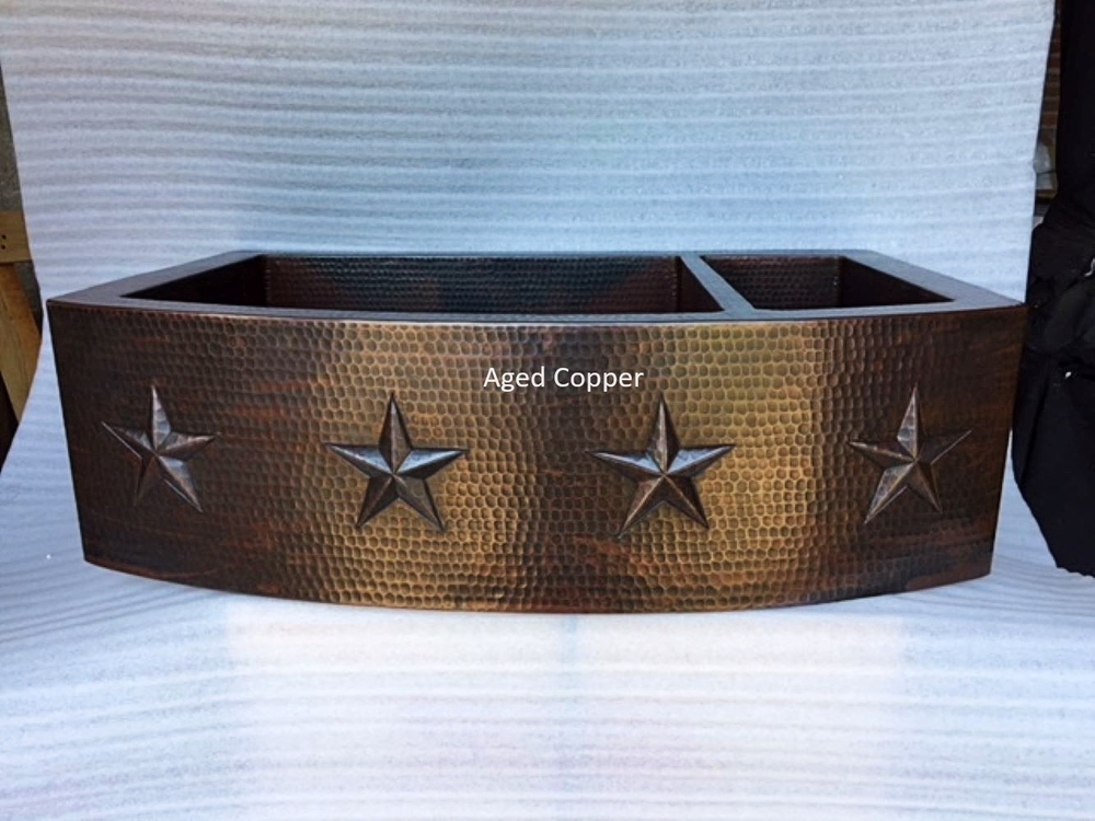 33" Copper Kitchen Farmhouse Sink Rounded Stars Apron Front 75/25