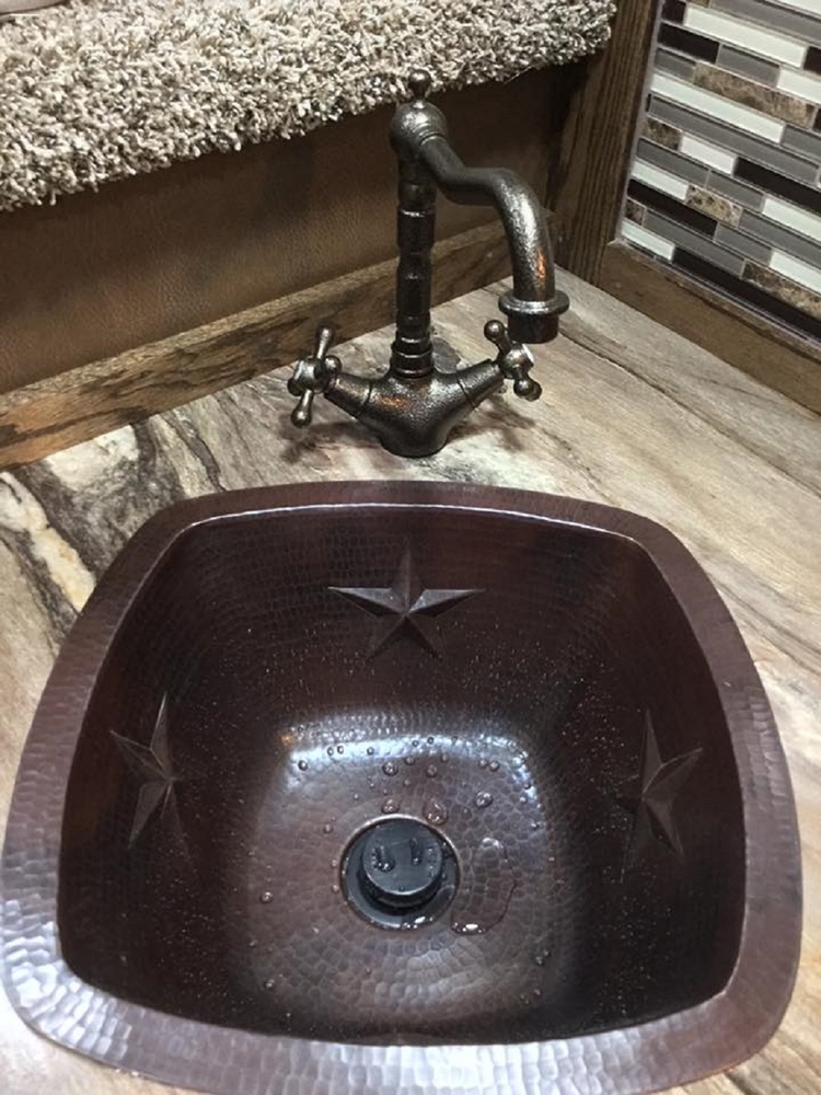 SimplyCopper- 15" Square Copper Bar/Prep Kitchen Sink with Stars Dual Mount