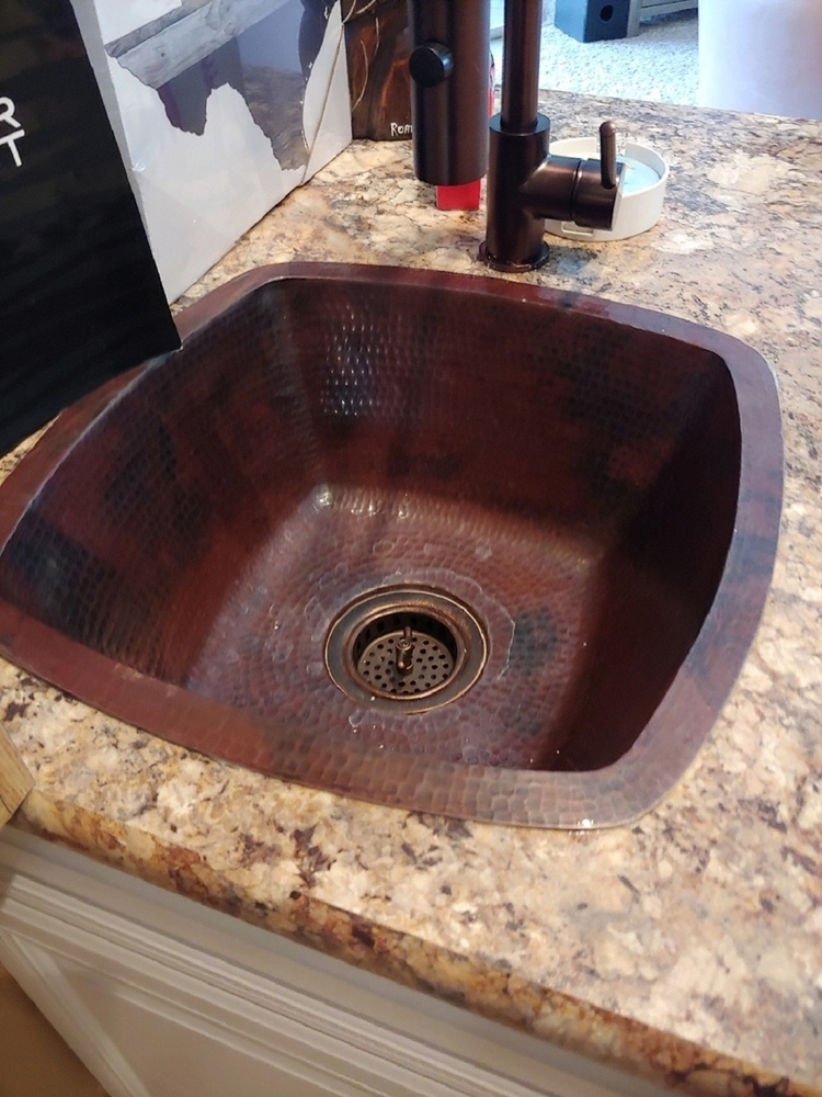 SimplyCopper- 17" Square Hammered Copper Bar / Prep Sink Dual Mount