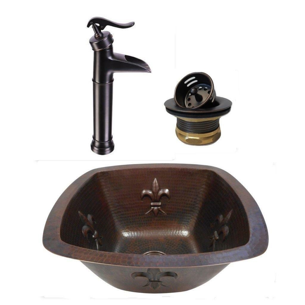 15" Square Fleur de Lis Copper Kitchen Bar Prep Sink with 13" Faucet ...