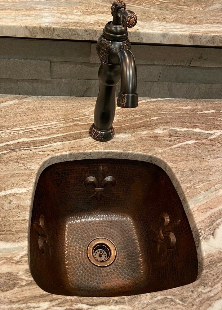 15" Square Copper Kitchen / Prep Bar Fleur de Lis Motif | Bar Sinks
