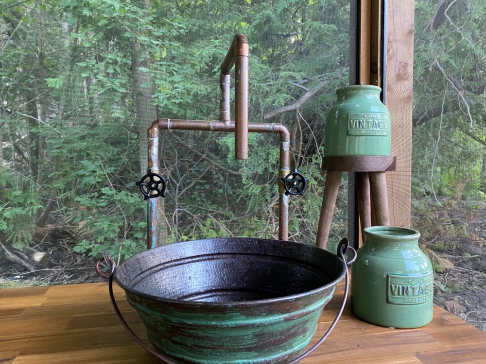 15" Copper Vessel Bucket Bath Sink Green Distressed Exterior | Bucket Sinks