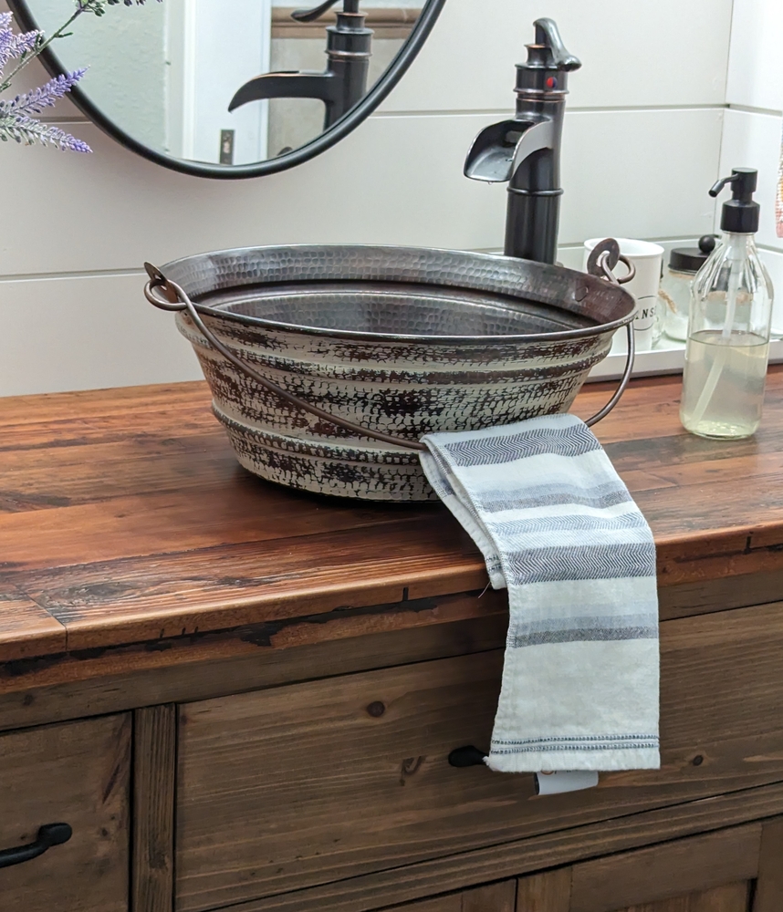 15" Round Copper Bucket Bathroom Sink with Distressed White Exterior