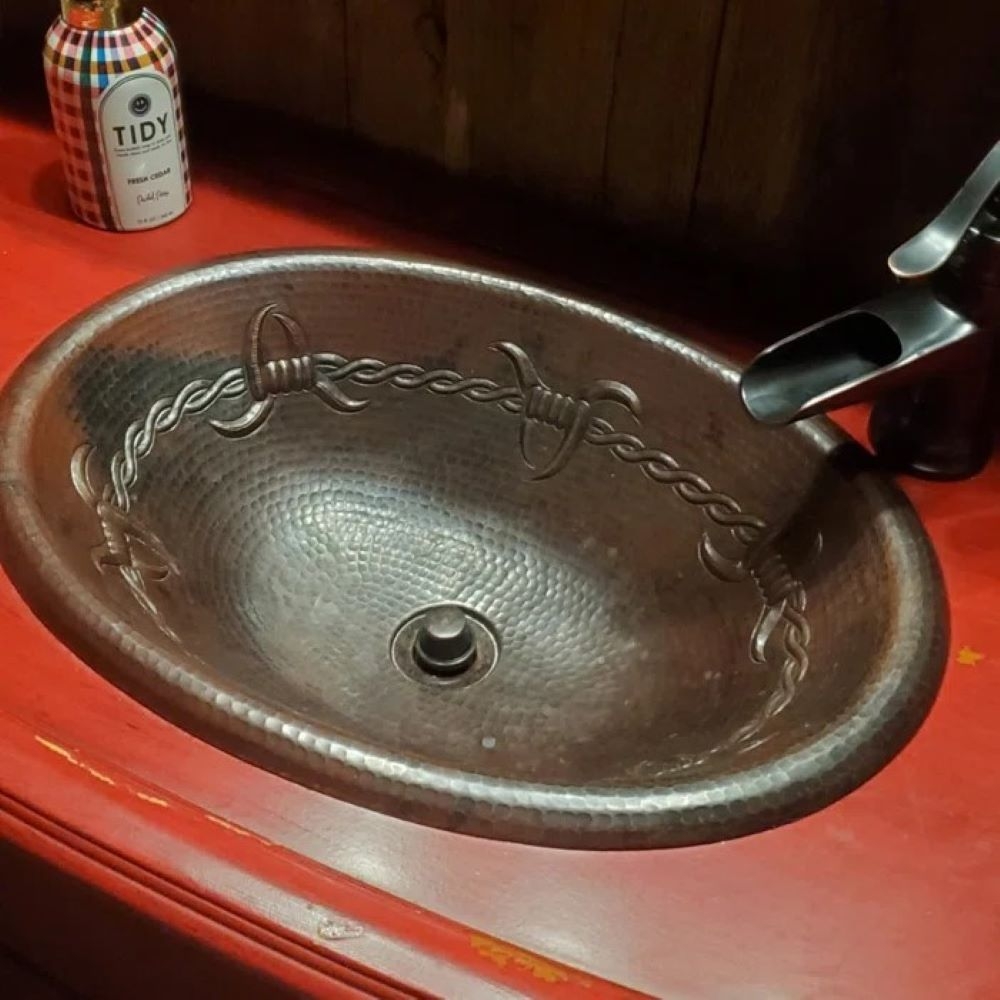 19" Oval Copper Bath Sink with Barbed Wire in Aged Copper | Vanity Sinks