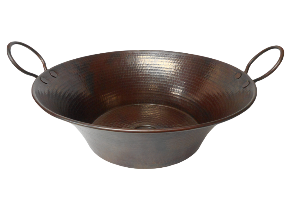 Large 16" Vintage Round Copper Cazo Bathroom Vessel Sink with Handles