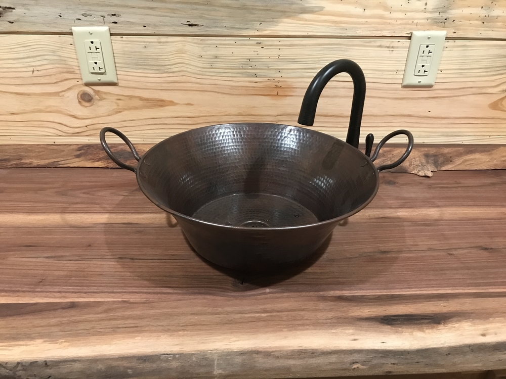 Large 16" Vintage Round Copper Cazo Bathroom Vessel Sink with Handles